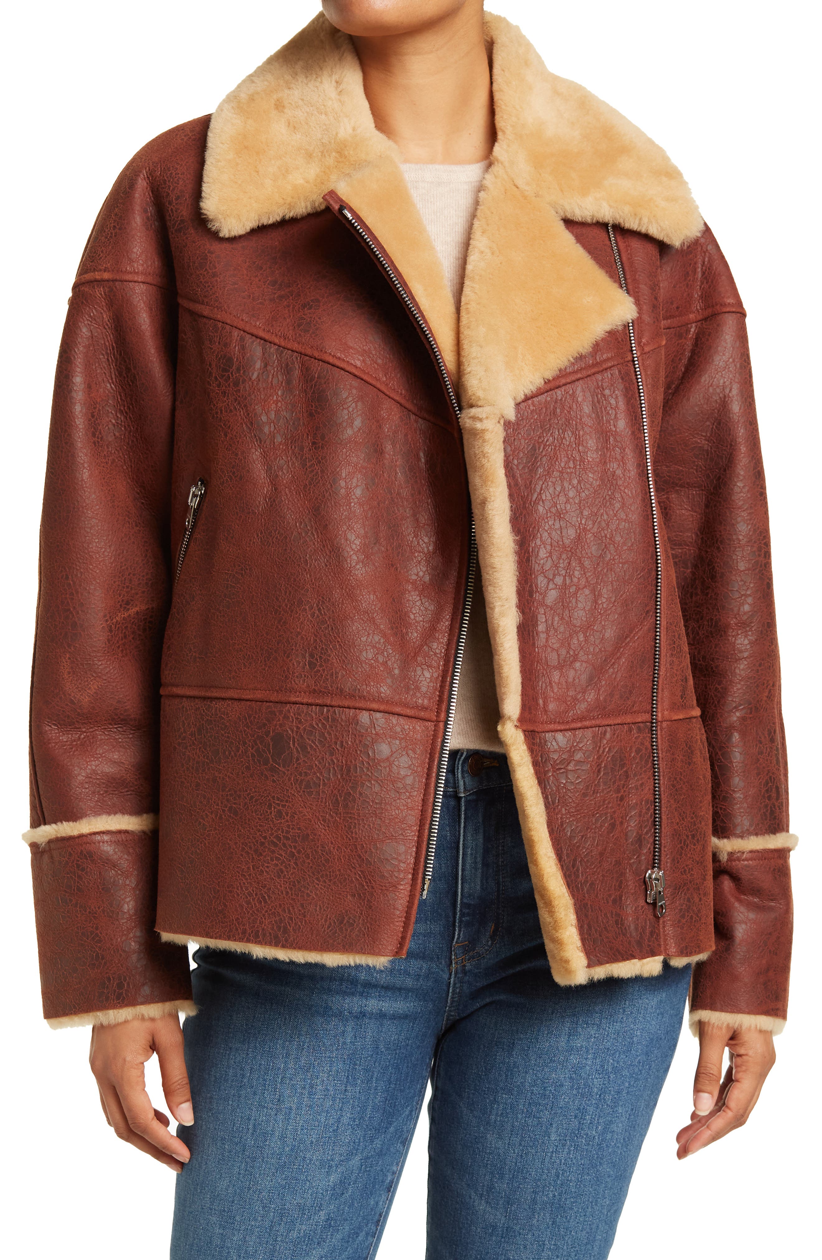 SANDRO Sheep Leather Genuine Shearling Moto Jacket | Nordstromrack