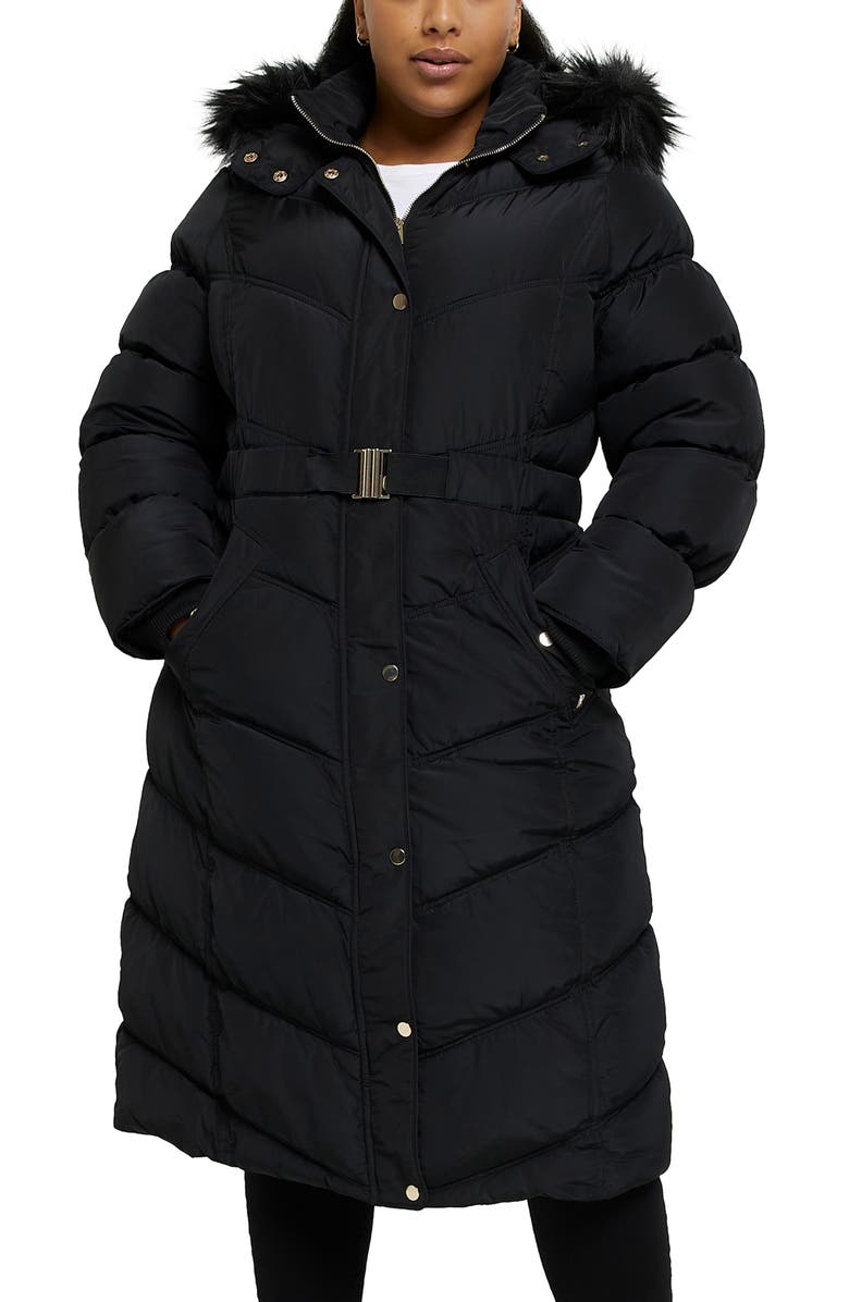River Island Belted Longline Puffer Coat with Detachable Faux Fur Trim ...