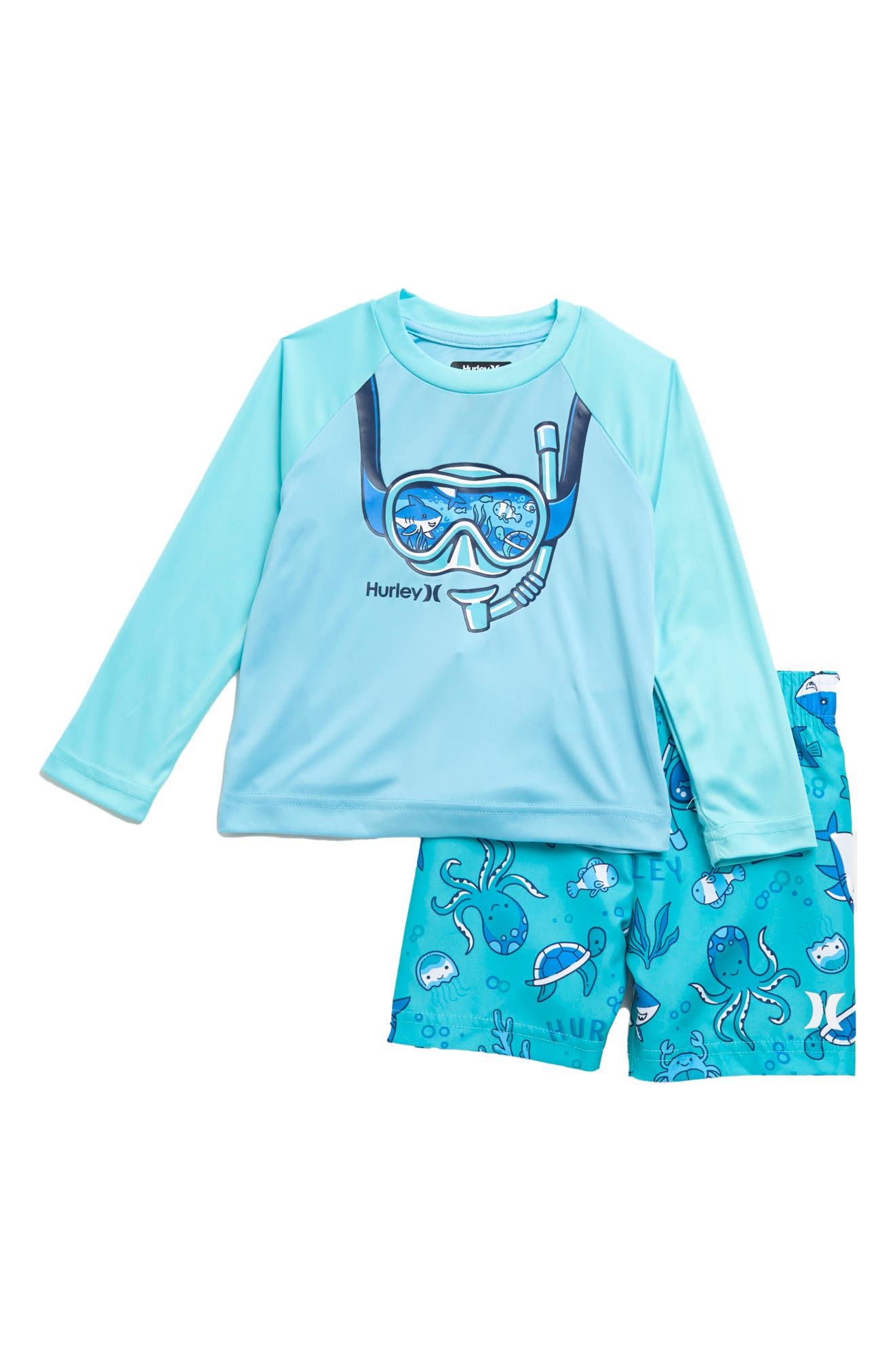 Hurley Scuba Print Sun Hat, Rashguard, & Swimming Trunks 3-Piece Set ...