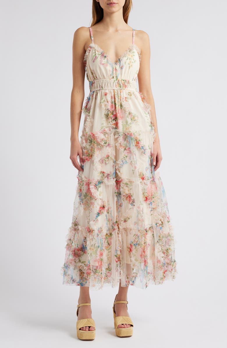 MOON RIVER Flowered Ruffle Sleeveless Maxi Dress | Nordstrom