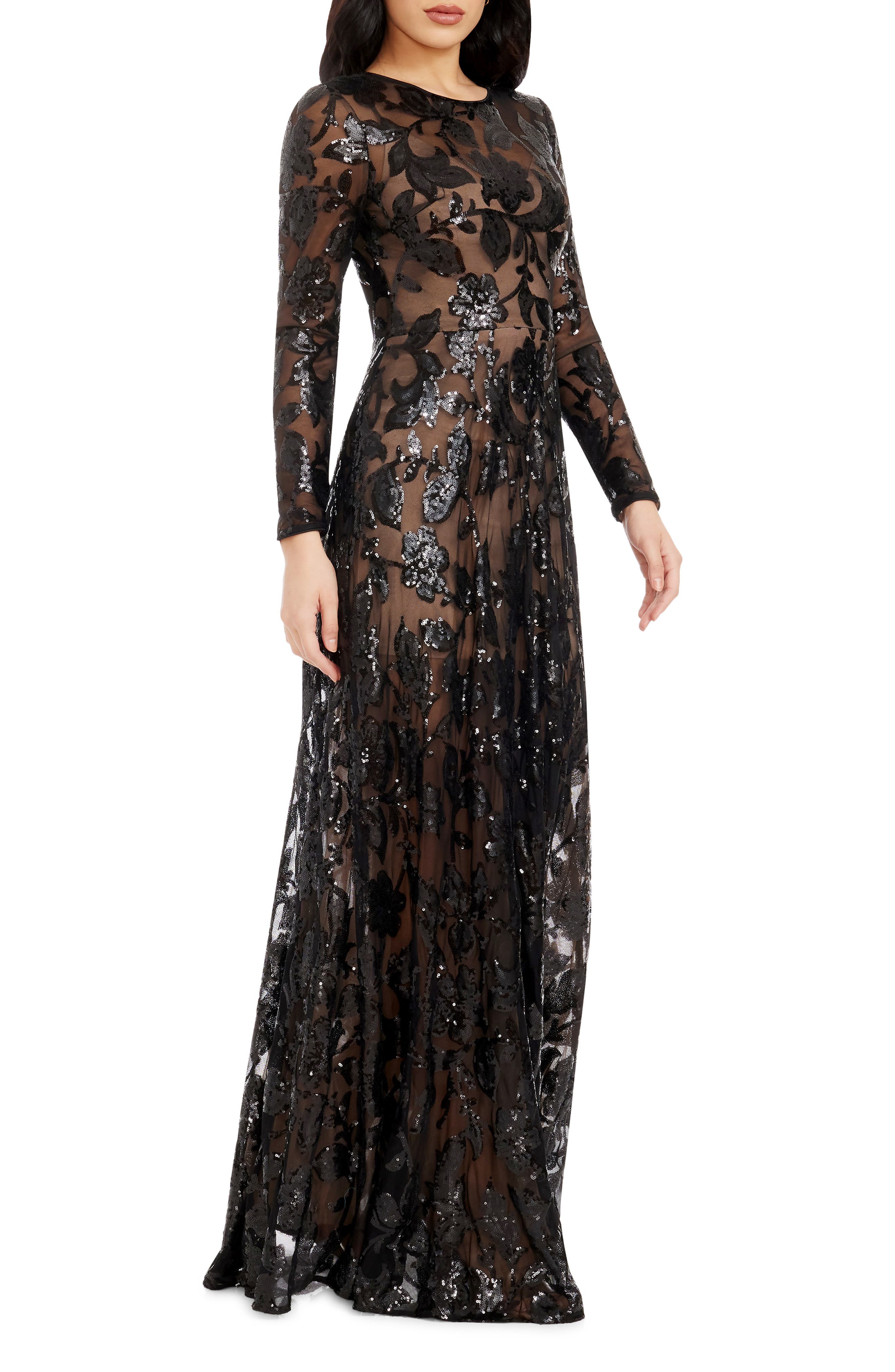 Dress the Population Ava Sequin Floral Long Sleeve A-Line Gown ...