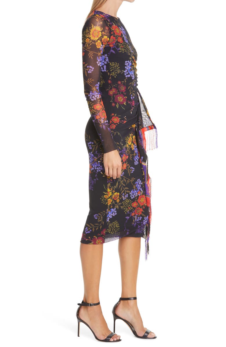 Fuzzi Floral Print Fringe Trim Long Sleeve Mesh Sheath Dress ...