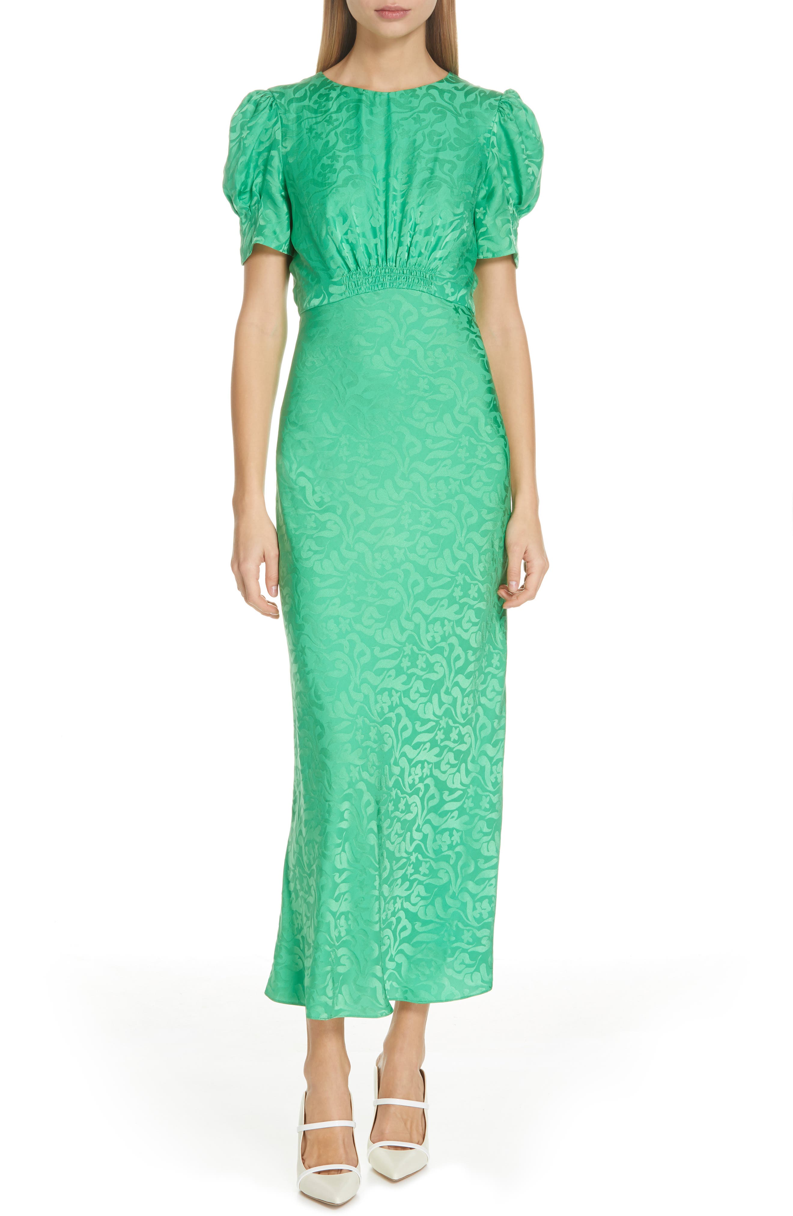 SALONI Bianca Puff Sleeve Silk Midi Dress | Nordstrom