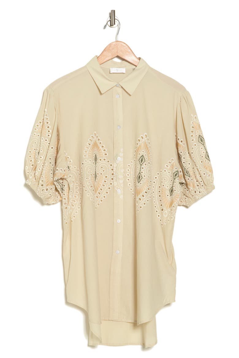 Puff Sleeve Embroidered Eyelet Button-Up Tunic Shirt (Women ...