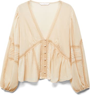 MANGO Flowy Embroidered Crepe Button Front Top | Nordstrom