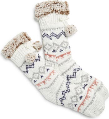 DEARFOAMS Faux Shearling Lined Pom Crew Slipper Socks | Nordstromrack