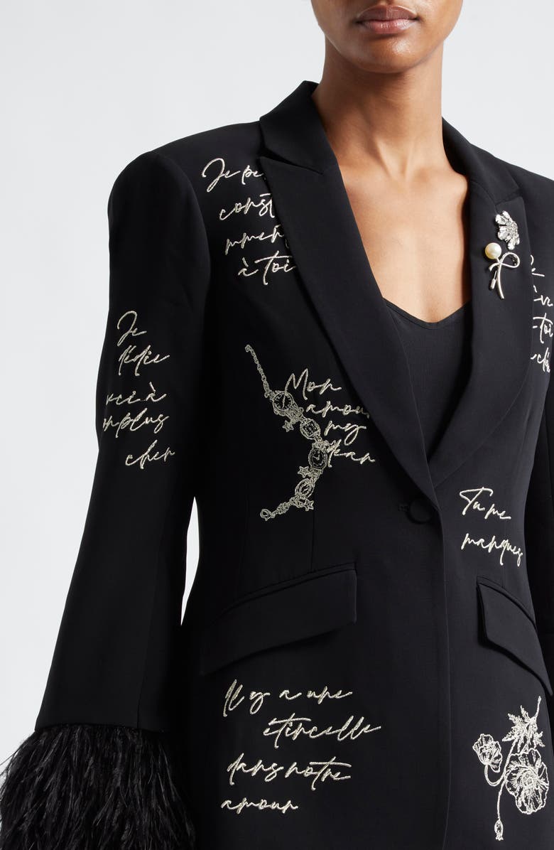 Cinq à Sept Cheyenne Love Letter Embroidered Feather Cuff Blazer ...