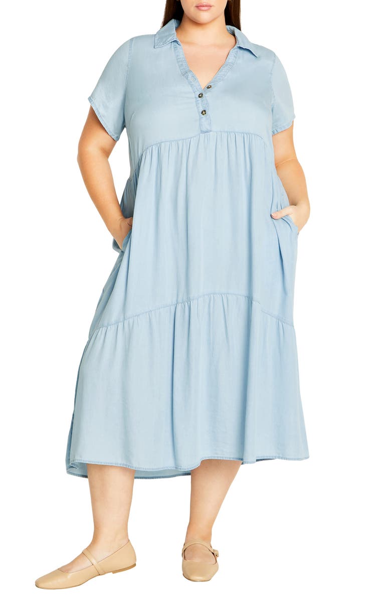 City Chic Shyla Tiered Chambray Midi Shirtdress | Nordstrom