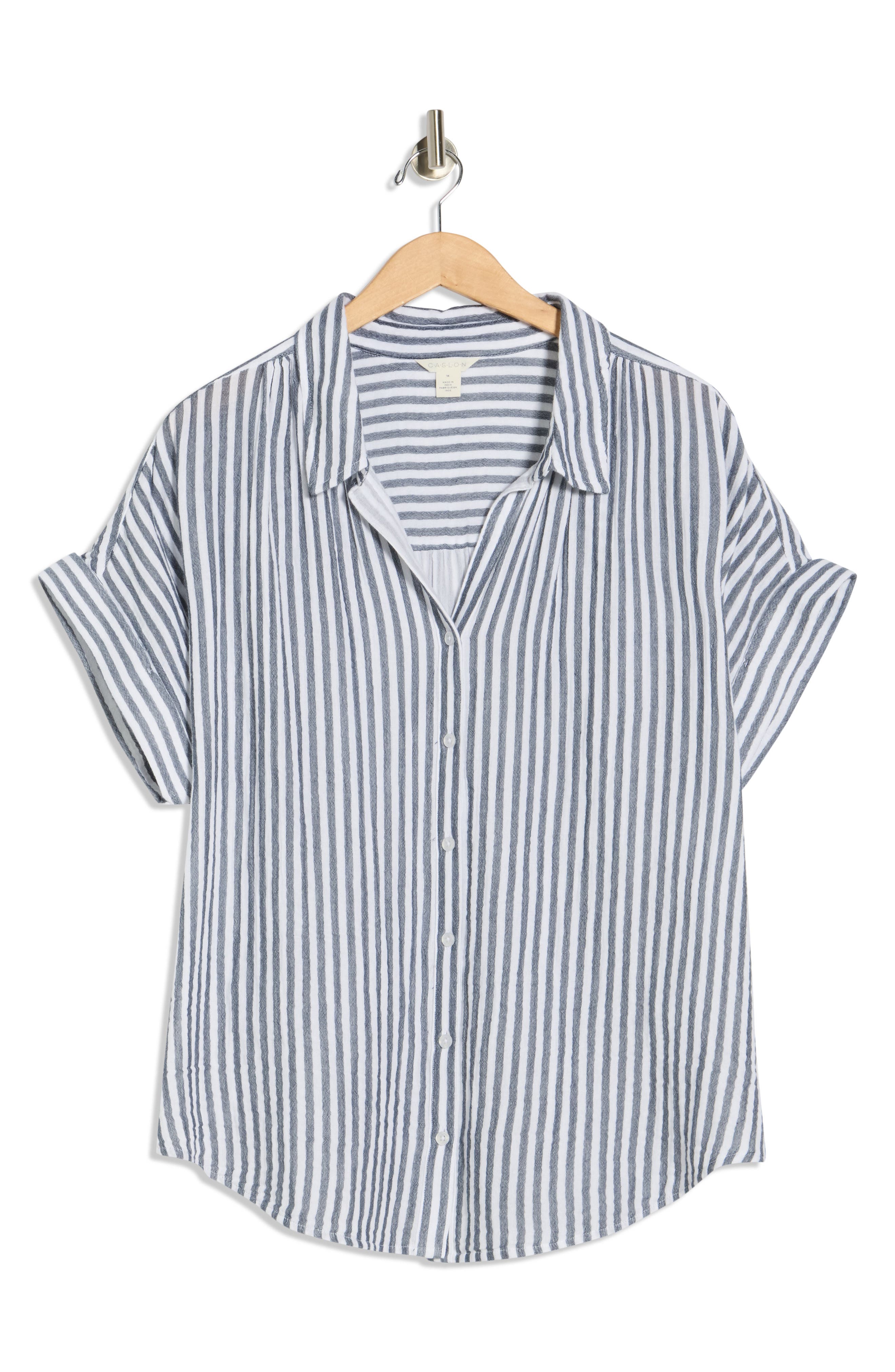 Caslon® Stripe Short Sleeve Cotton Gauze Button-Up Shirt | Nordstromrack