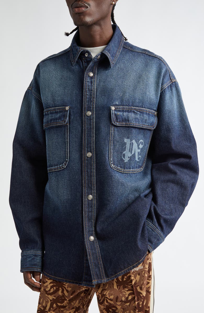 Palm Angels Midnight Monogram Denim Snap-Up Shirt | Nordstromrack