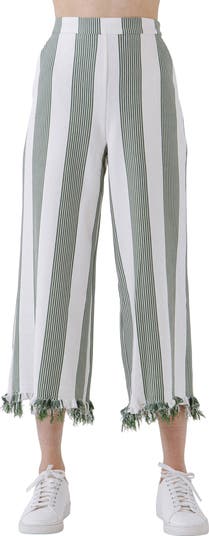 English Factory Stripe Fringe Hem Wide Leg Crop Pants | Nordstromrack