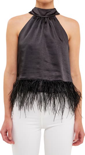 Endless Rose Feather Trim Satin Halter Top | Nordstromrack