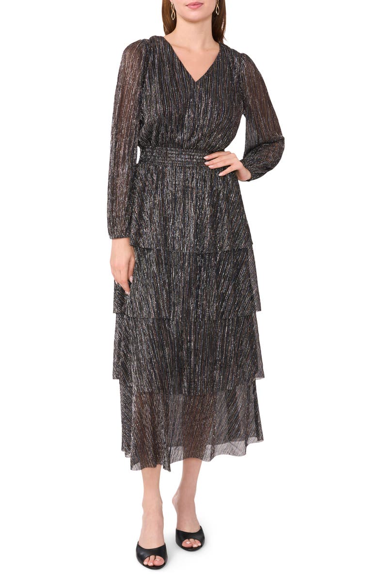 Halogen® Metallic Plissé Tiered Long Sleeve Dress | Nordstromrack