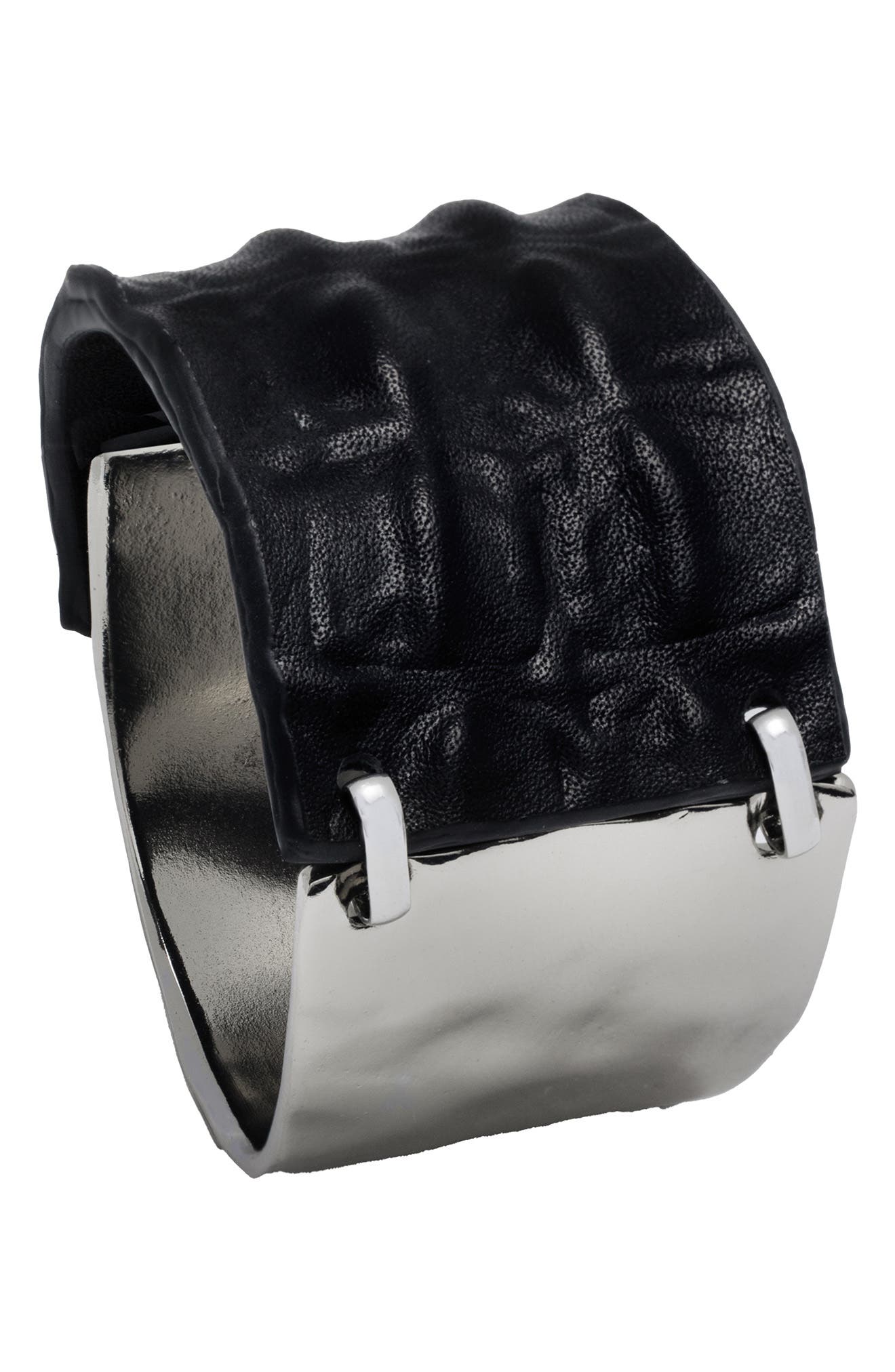 SAACHI Hammered Metal & Leather Cuff Bracelet | Nordstromrack