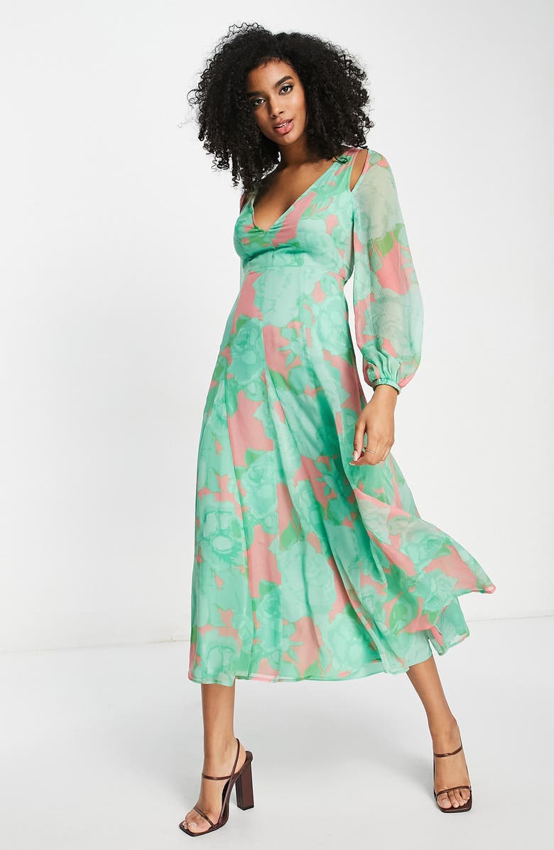 ASOS DESIGN Long Sleeve Cutout Chiffon Midi Dress | Nordstromrack