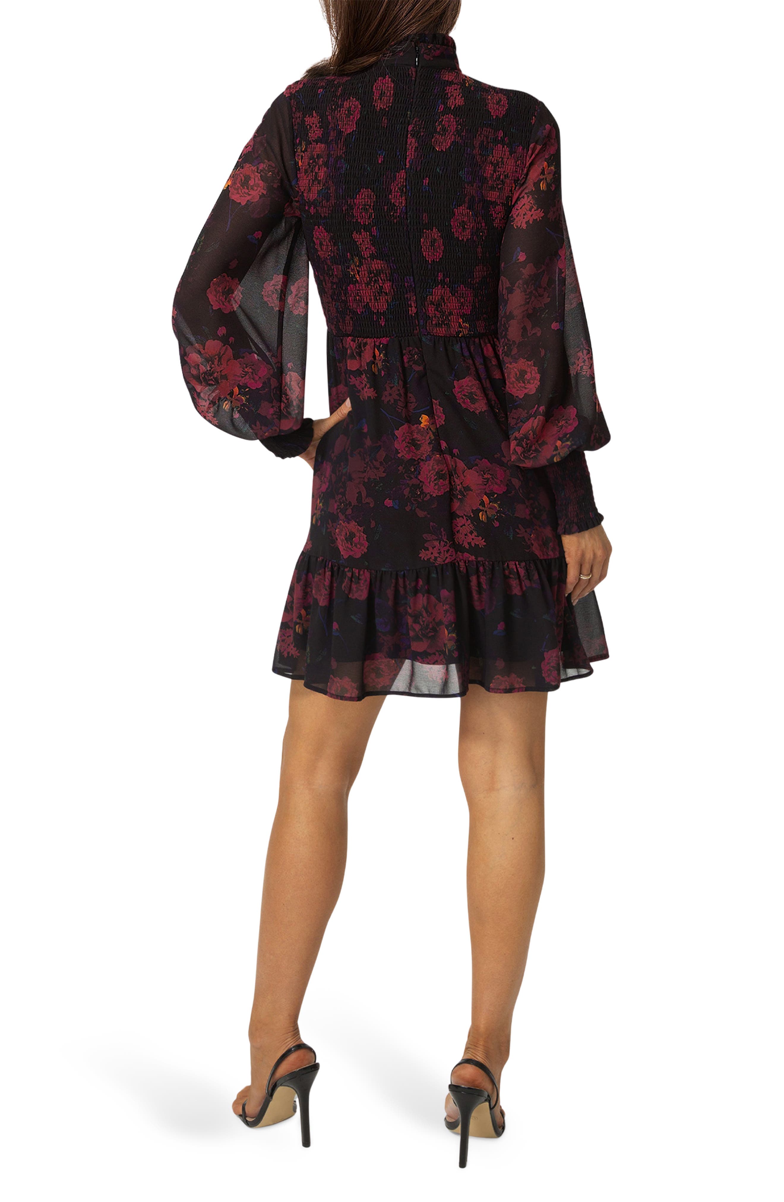 bebe Floral Smocked Long Sleeve Chiffon Minidress | Nordstromrack