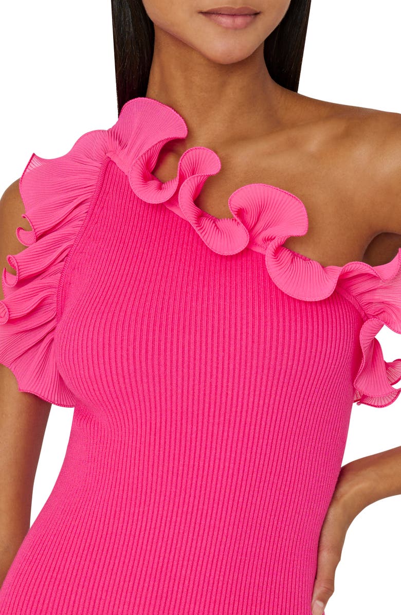 Milly Scallop Ruffle Mixed Media One-Shoulder Sweater Dress | Nordstrom