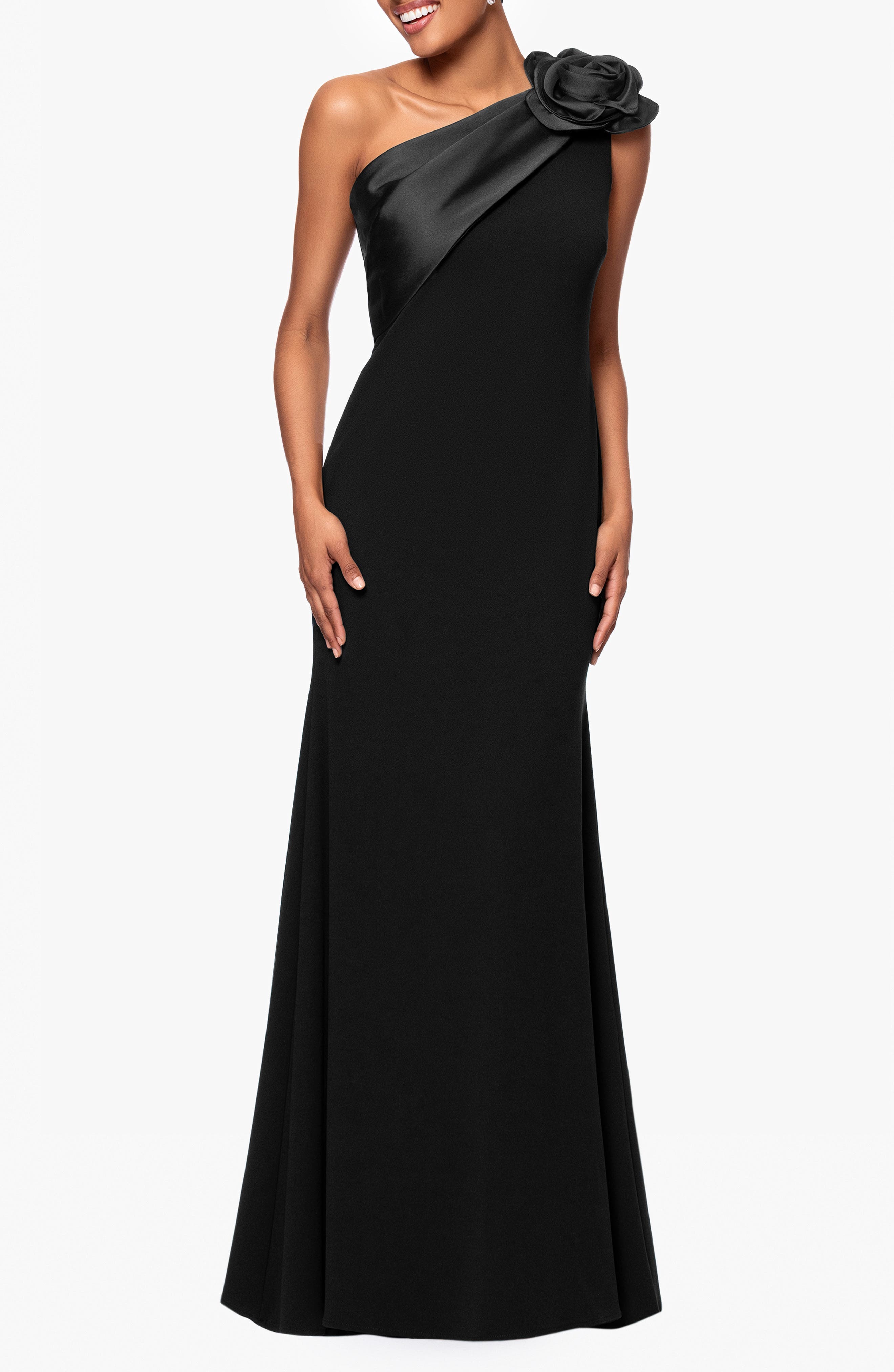 Betsy & Adam Rosette One-Shoulder Crepe Trumpet Gown | Nordstromrack