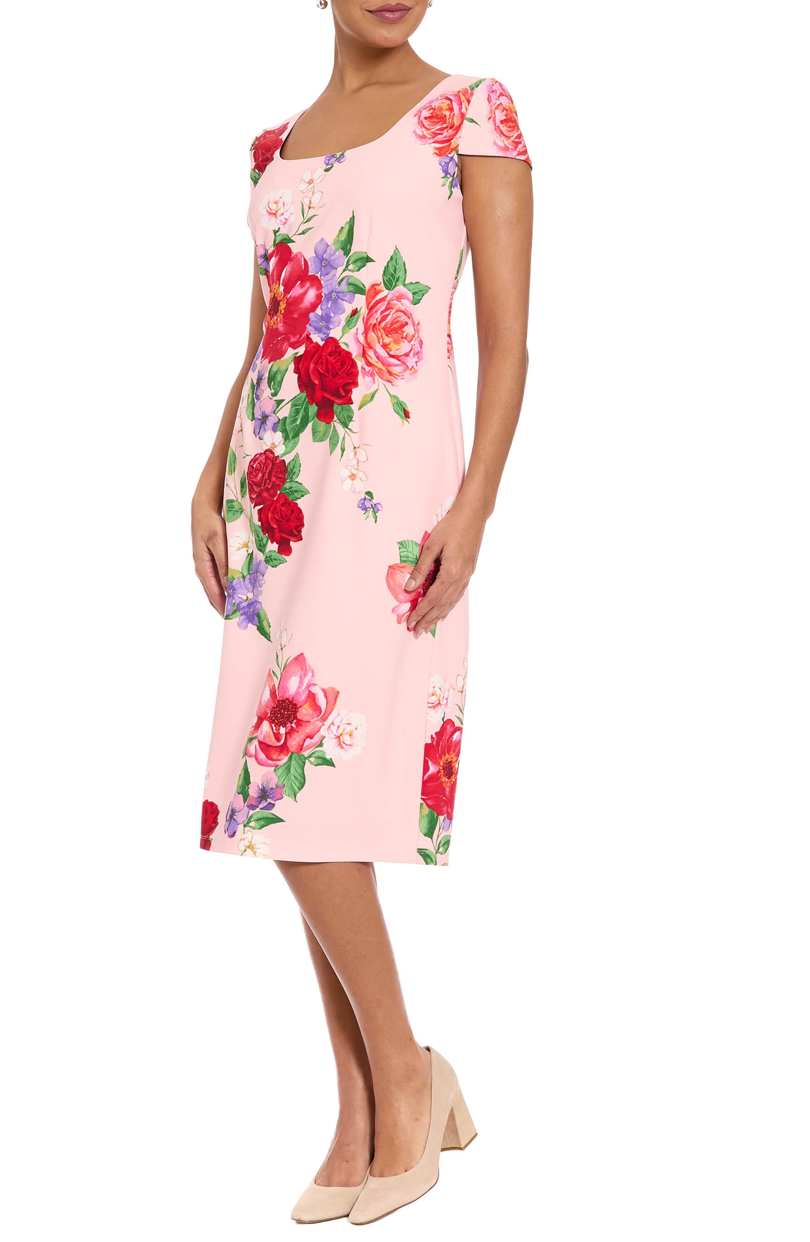 London Times Floral Square Neck Cap Sleeve Sheath Midi Dress ...