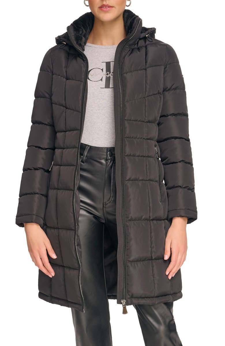 Calvin Klein Water Resistant Puffer Coat with Faux Fur Lining ...