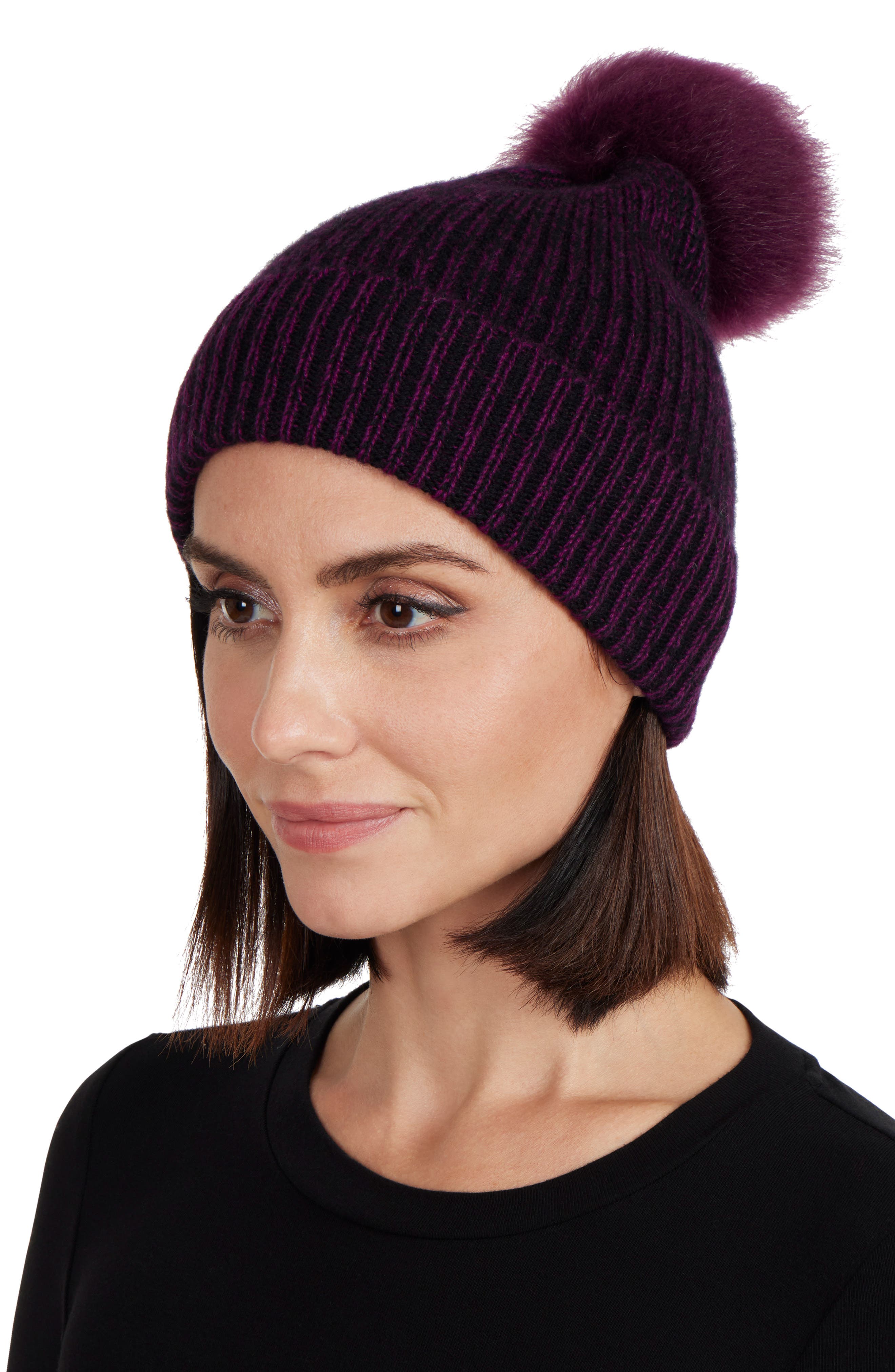 Amicale Two-Tone Rib Knit Beanie with Genuine Shearling Pom | Nordstromrack