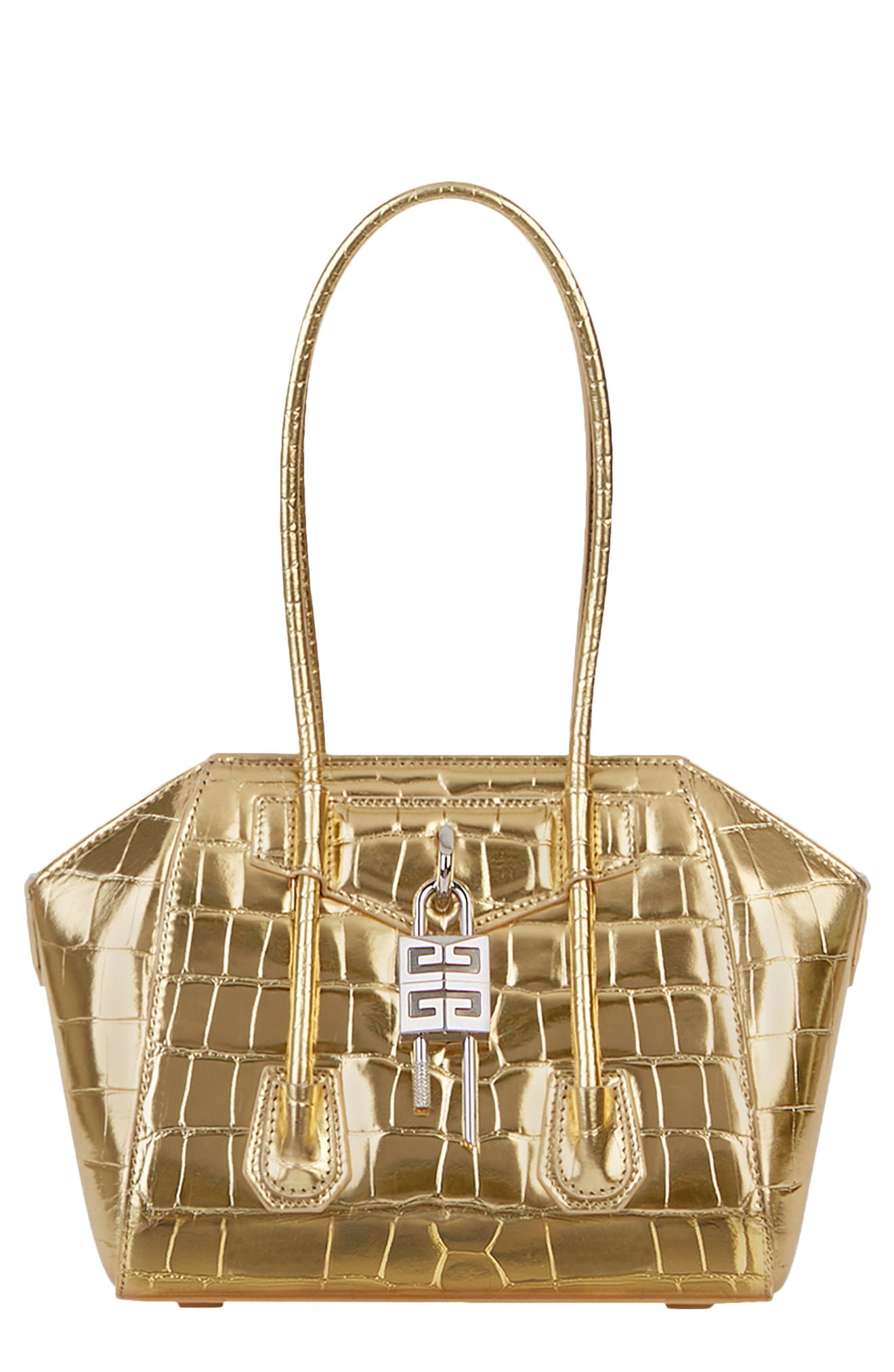 Givenchy Mini Antigona Lock Croc Embossed Metallic Leather Satchel ...