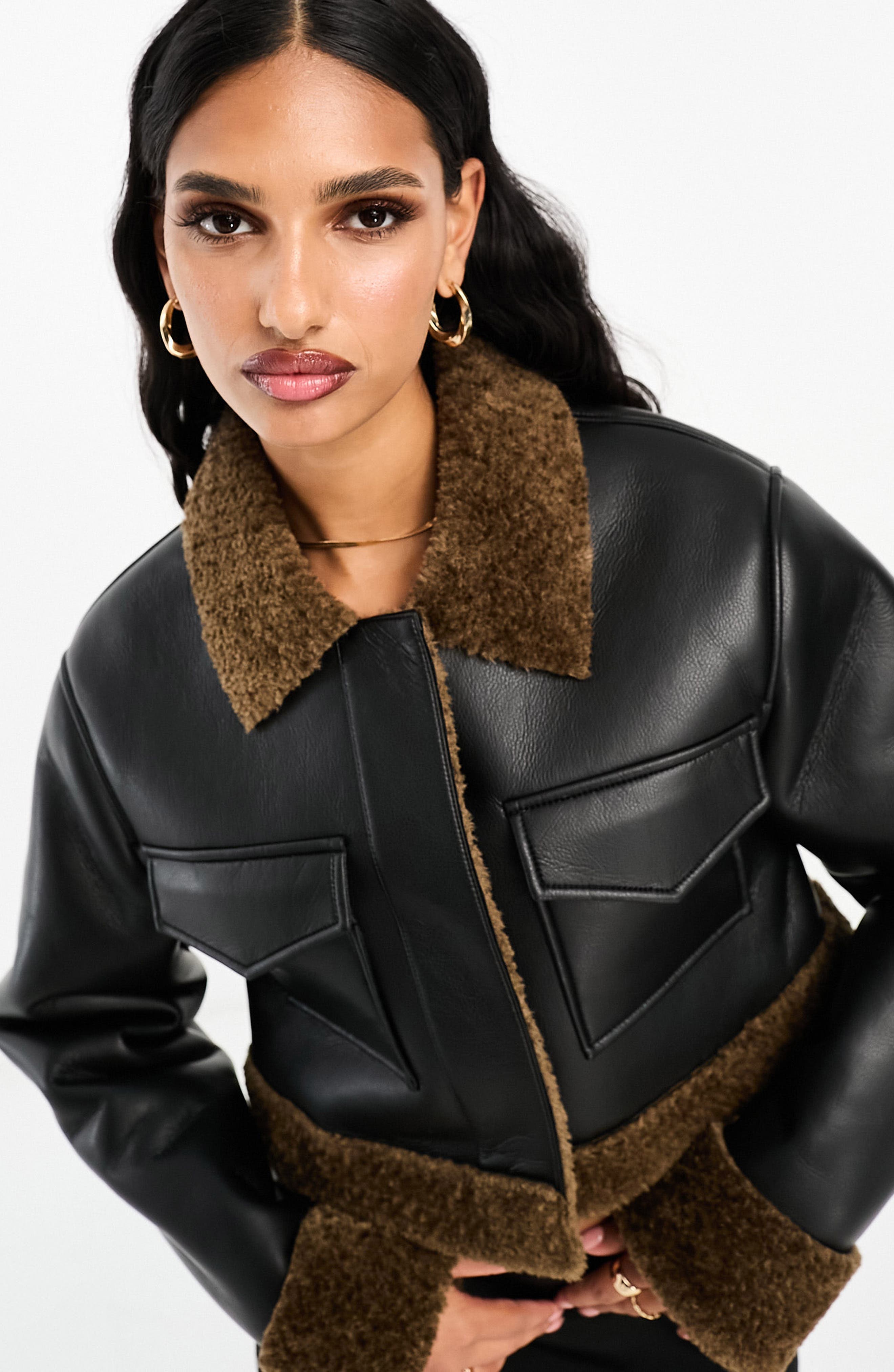 ASOS DESIGN Faux Shearling Crop Shacket | Nordstrom