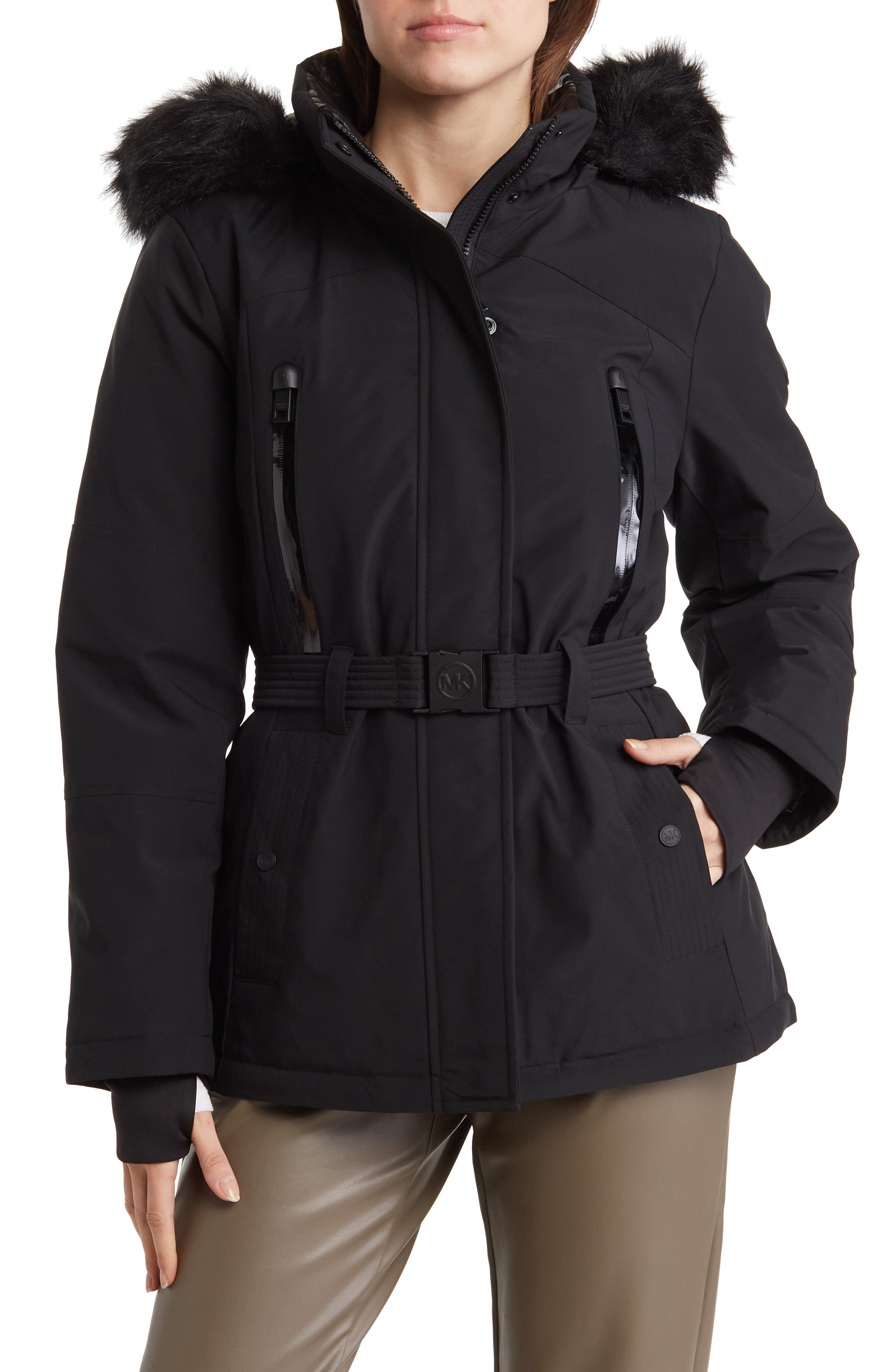 Michael Kors Belted Jacket with Removable Faux Fur Hood | Nordstromrack