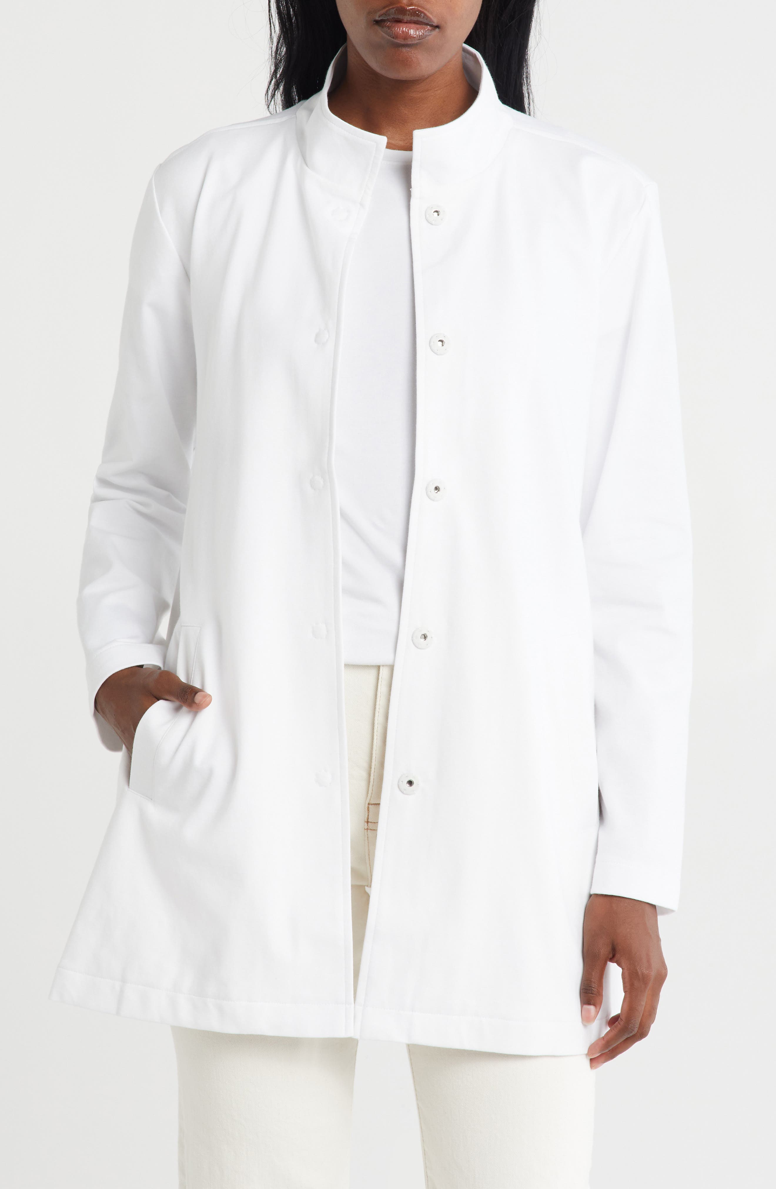Eileen Fisher Organic Cotton Blend Stand Collar Long Jacket | Nordstromrack