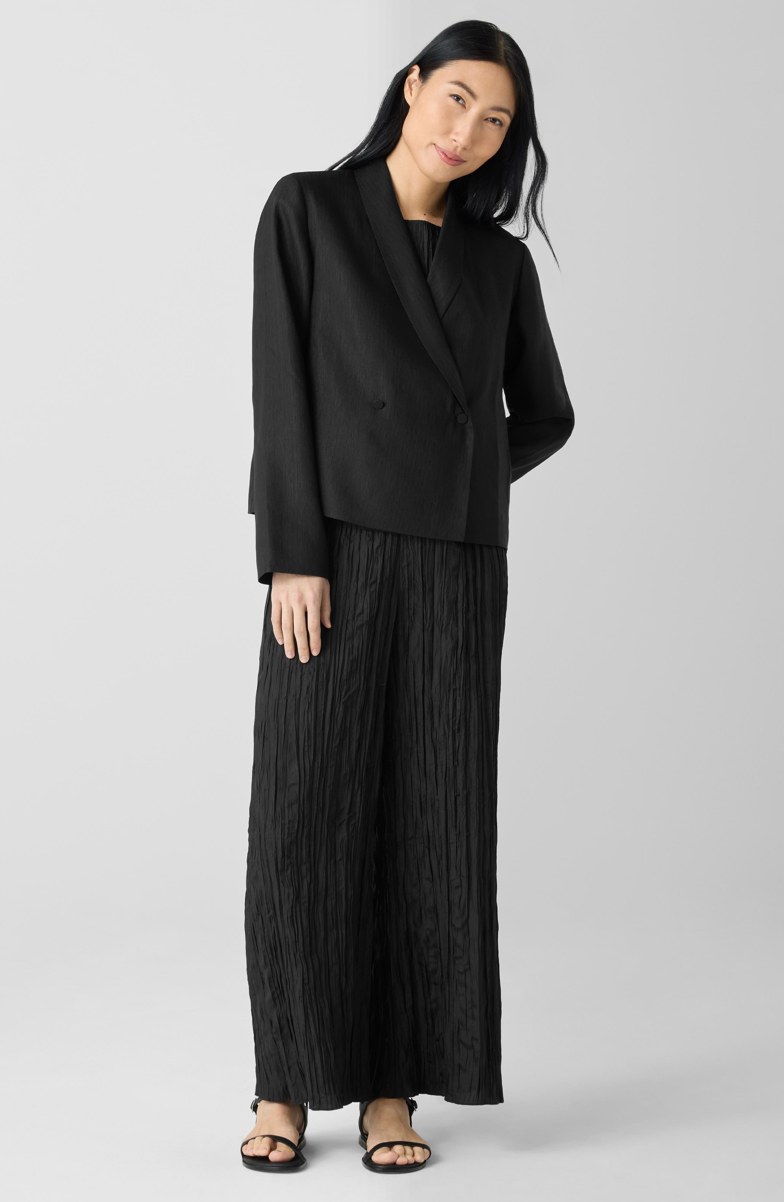 Eileen Fisher Shawl Collar Textured Silk Weave Double Breasted Jacket ...