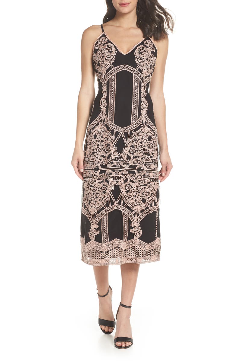 Foxiedox Embroidered V-Neck Tea Length Dress | Nordstrom