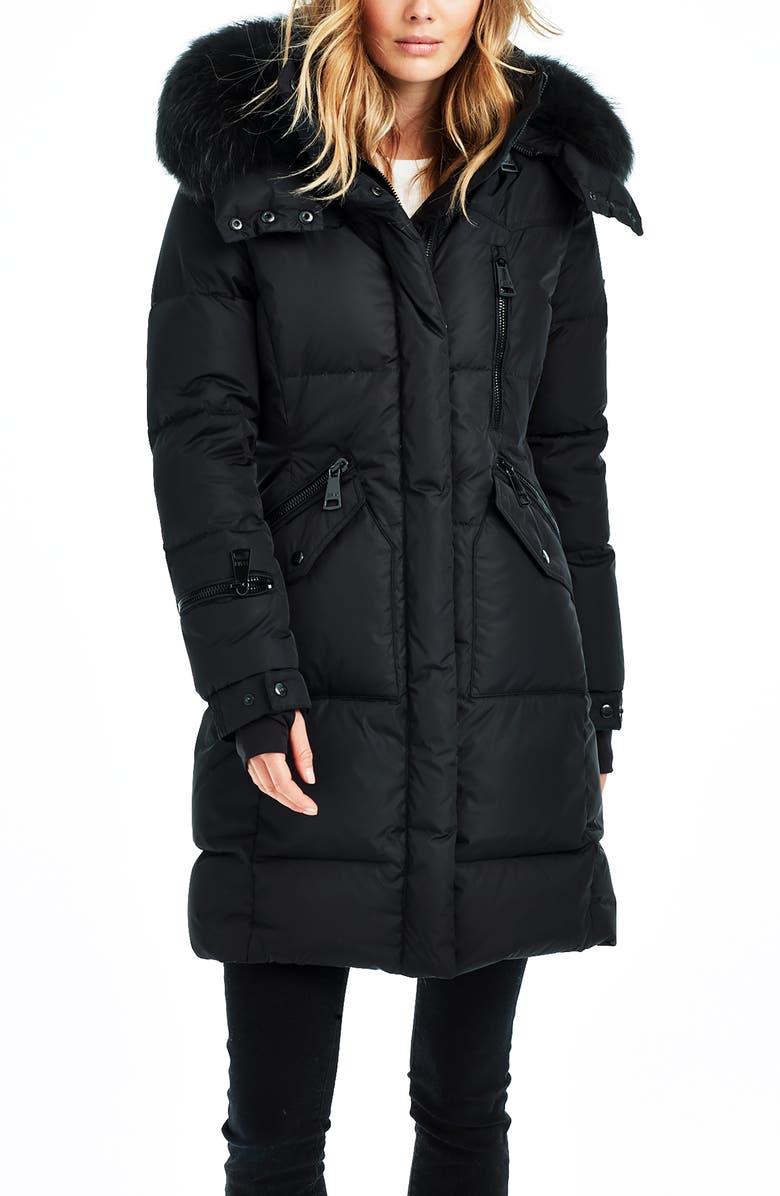 SAM. Longline Quilted Down Jacket with Removable Faux Fur Trim Hood ...