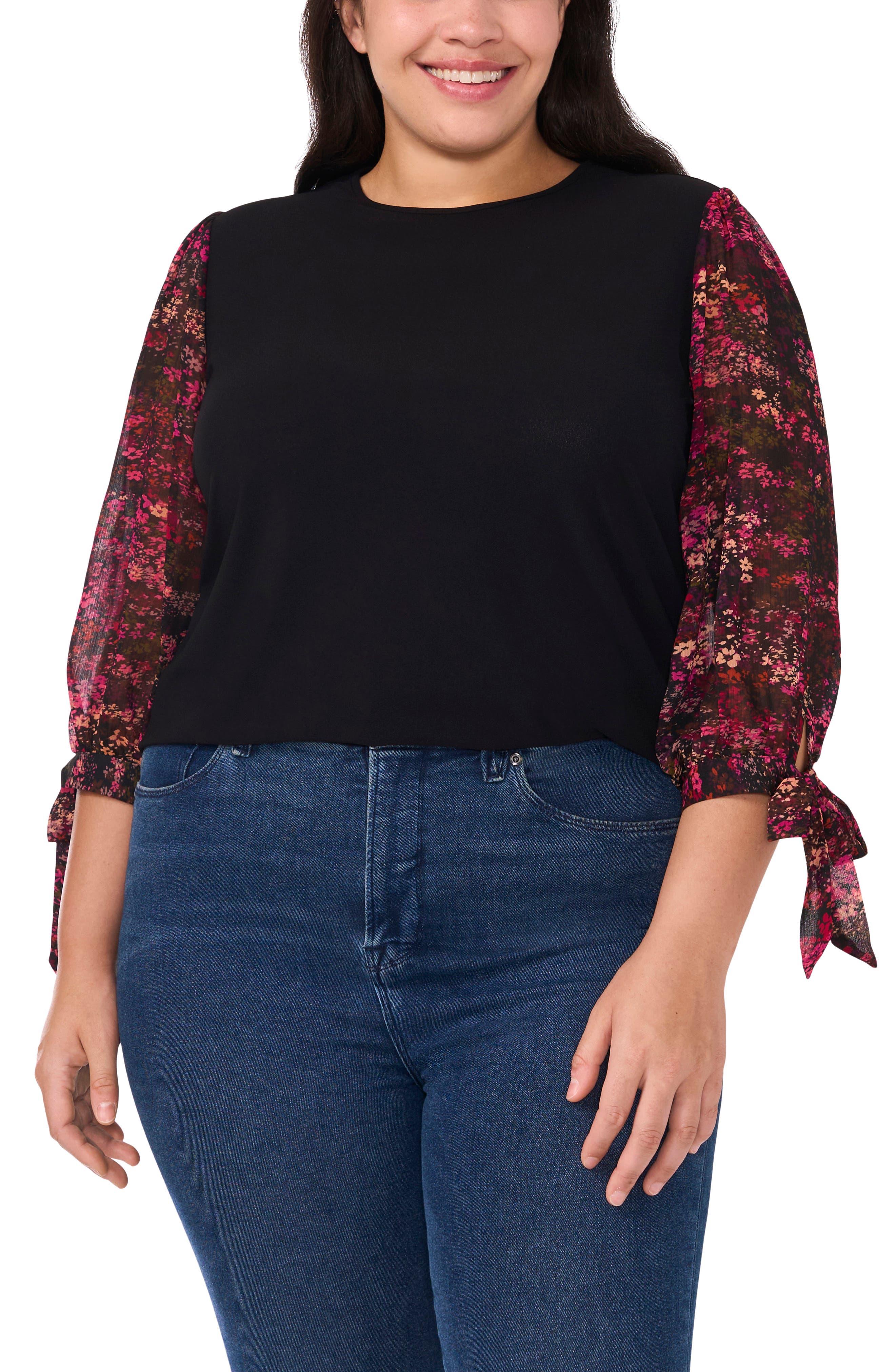 CeCe Tie Cuff Mixed Media Crepe Knit Top | Nordstromrack
