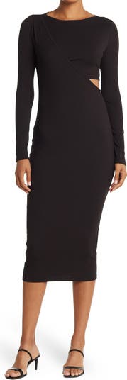 Know One Cares KNOWONECARES Ribbed Knit Cutout Asymmetrical Midi Dress ...