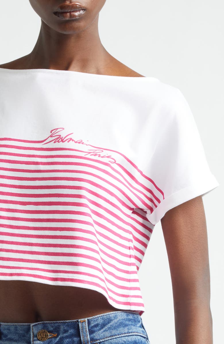Balmain Marinière Stripe Crop Logo T-Shirt | Nordstrom
