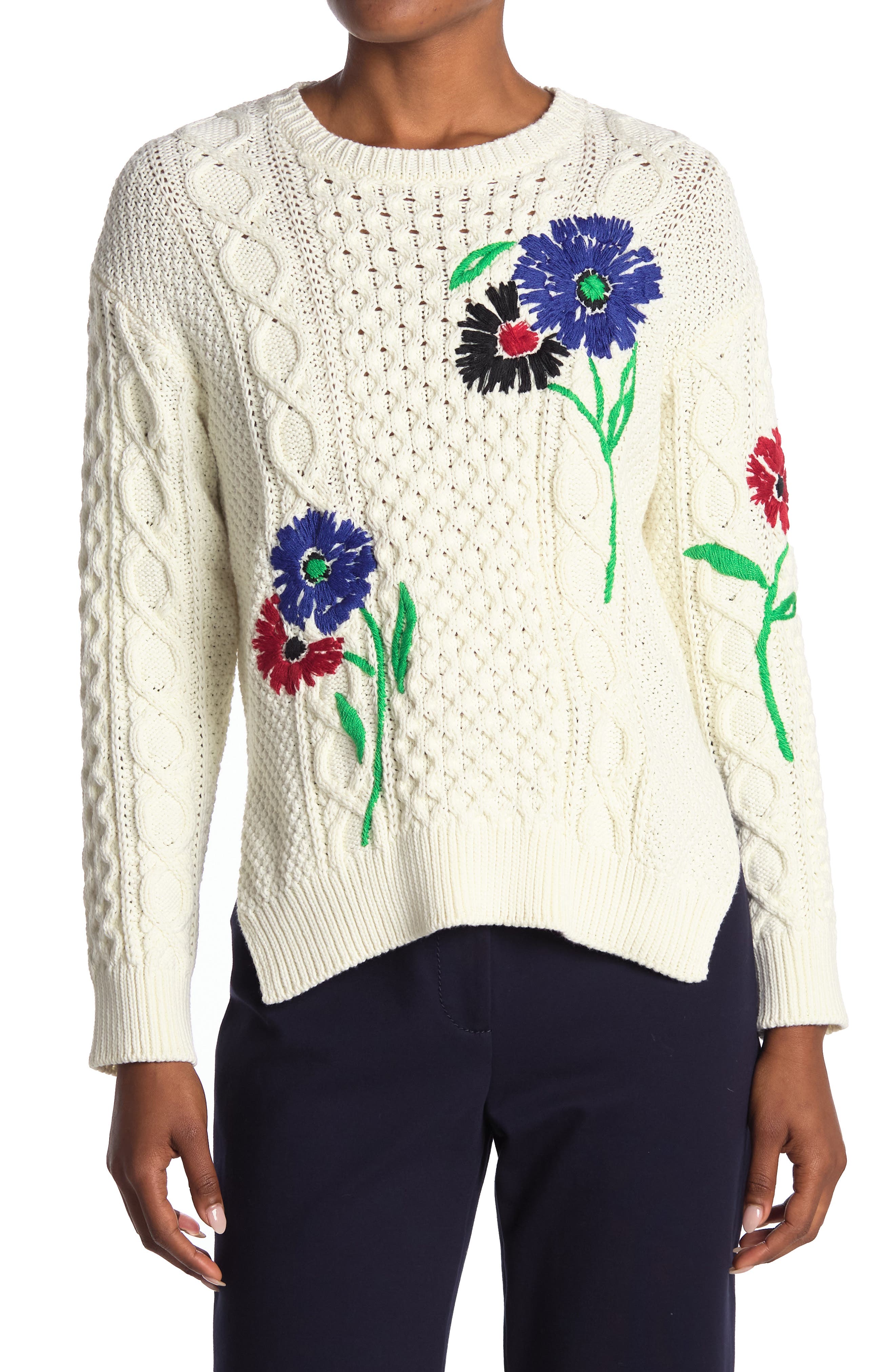 RED Valentino Floral Embroidered Cable Knit Sweater | Nordstromrack