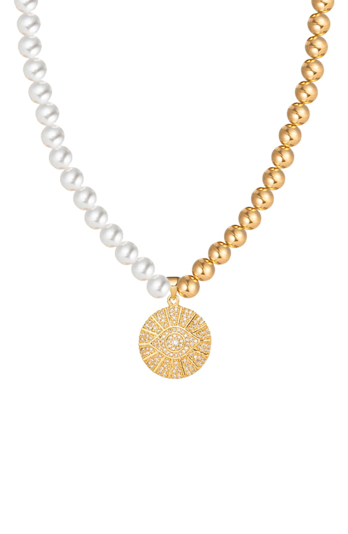 EYE CANDY LOS ANGELES Eliza Beaded 6mm Shell Pearl Pave CZ Evil Eye ...