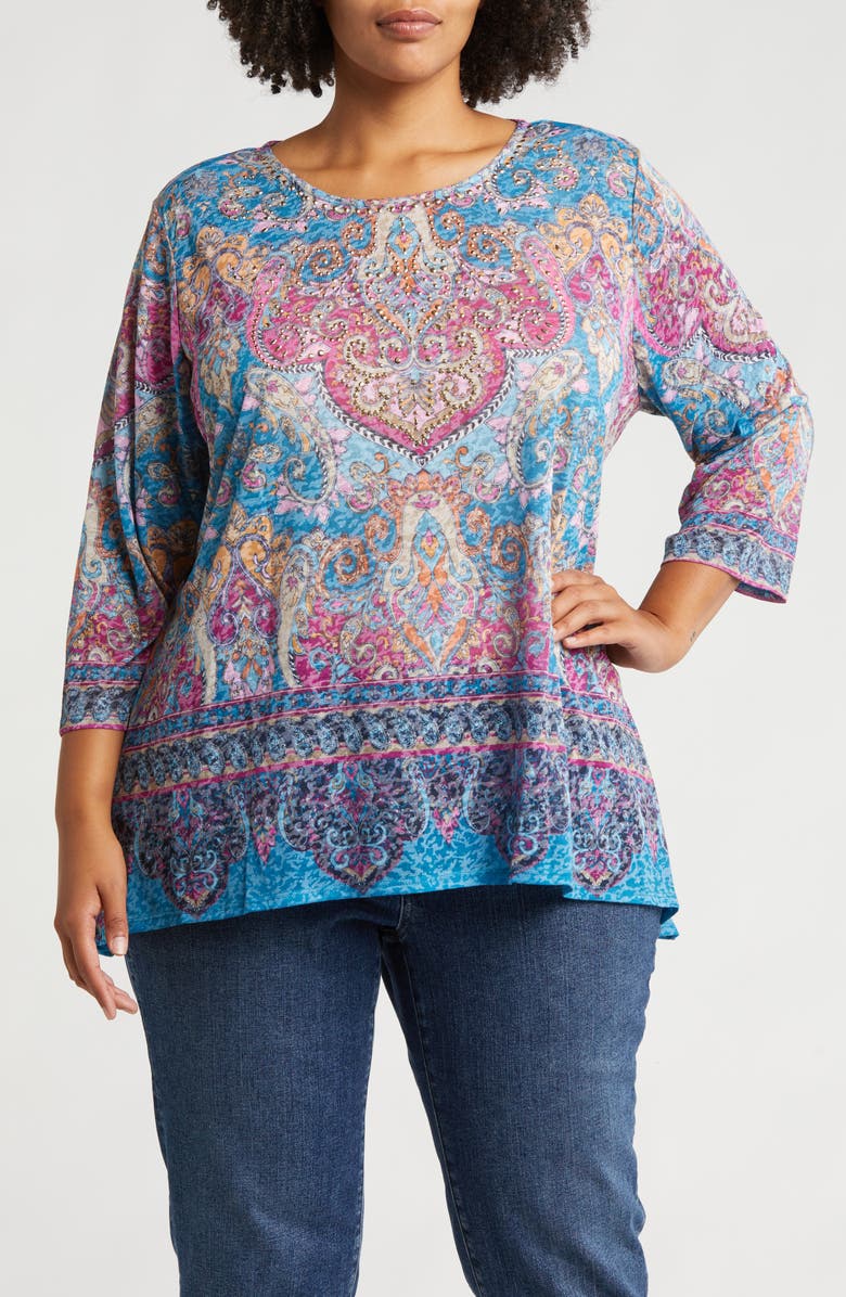 RUBY RD Filigree Stone Embellished Long Sleeve Top | Nordstromrack