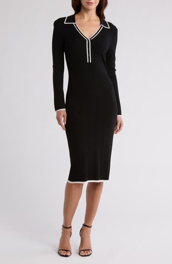 Ellen Tracy Tipped Polo Collar Long Sleeve Sweater Dress | Nordstromrack