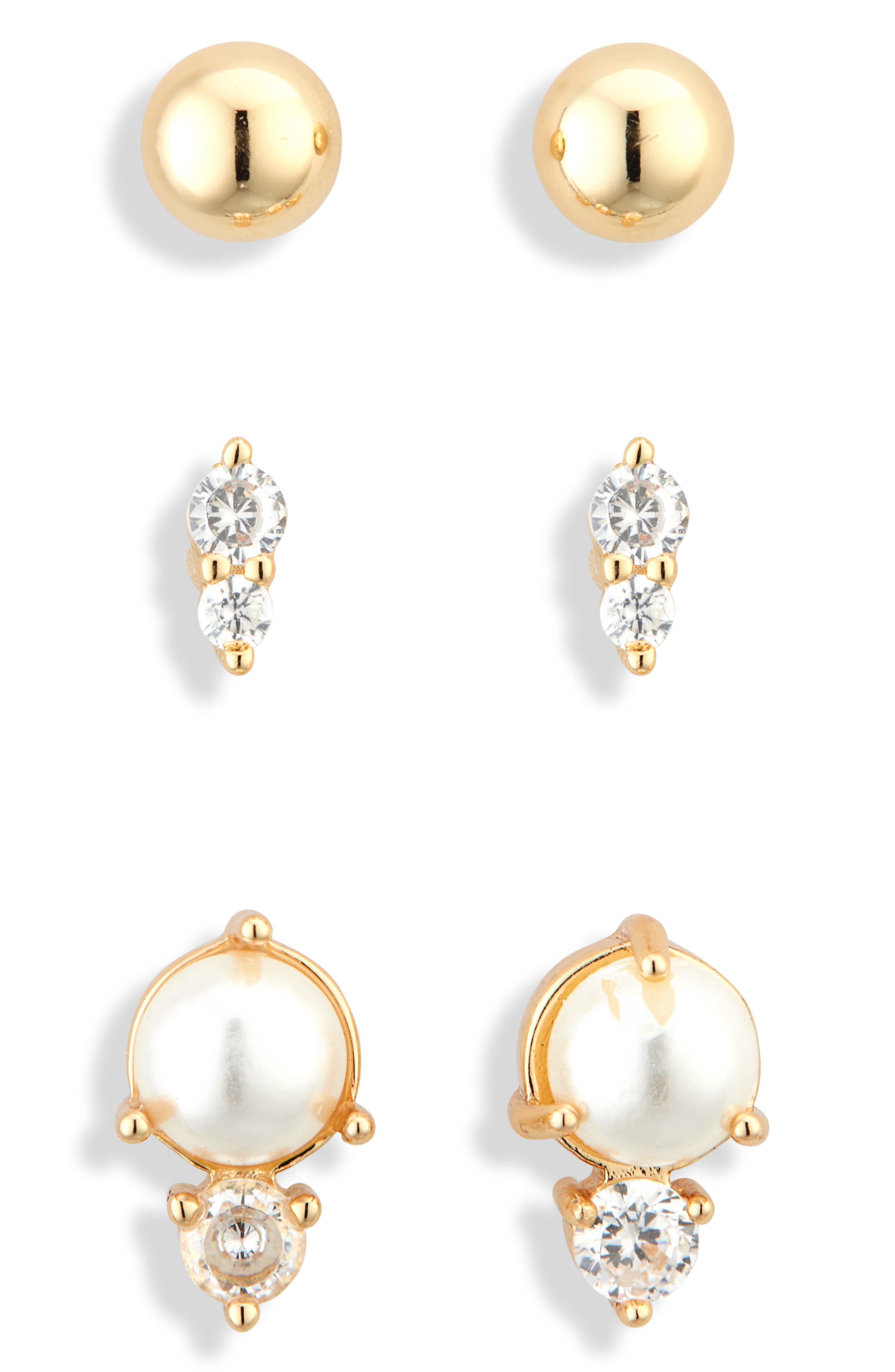 Leith Set of 3 Cubic Zirconia & Faux Pearl Stud Earrings | Nordstromrack