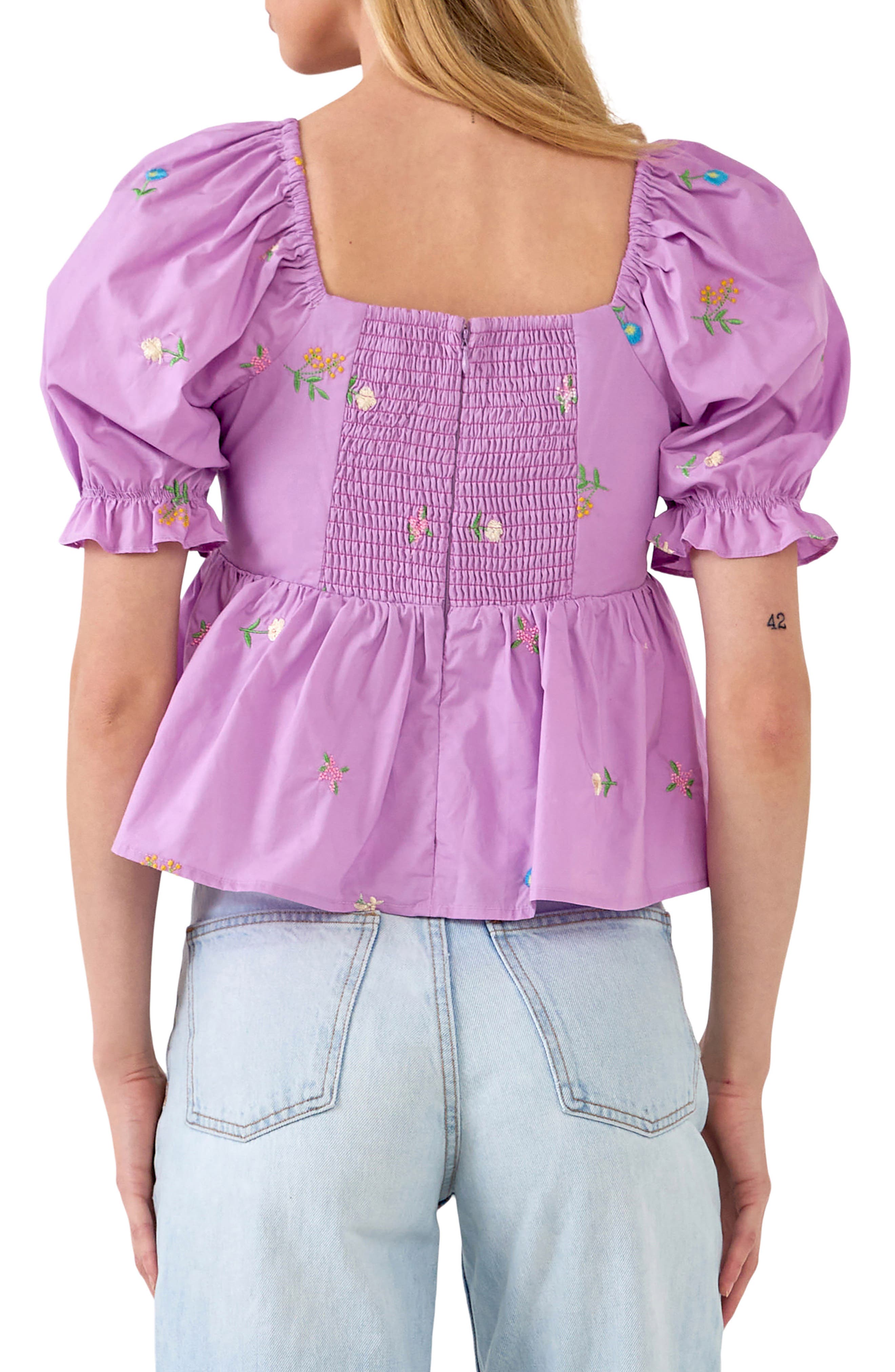 English Factory Floral Embroidered Puff Sleeve Babydoll Top | Nordstromrack