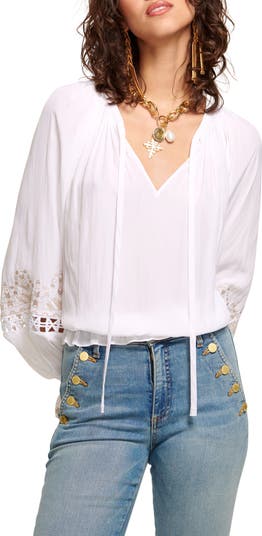 Ramy Brook Alizee Embroidered Split Neck Blouse | Nordstrom