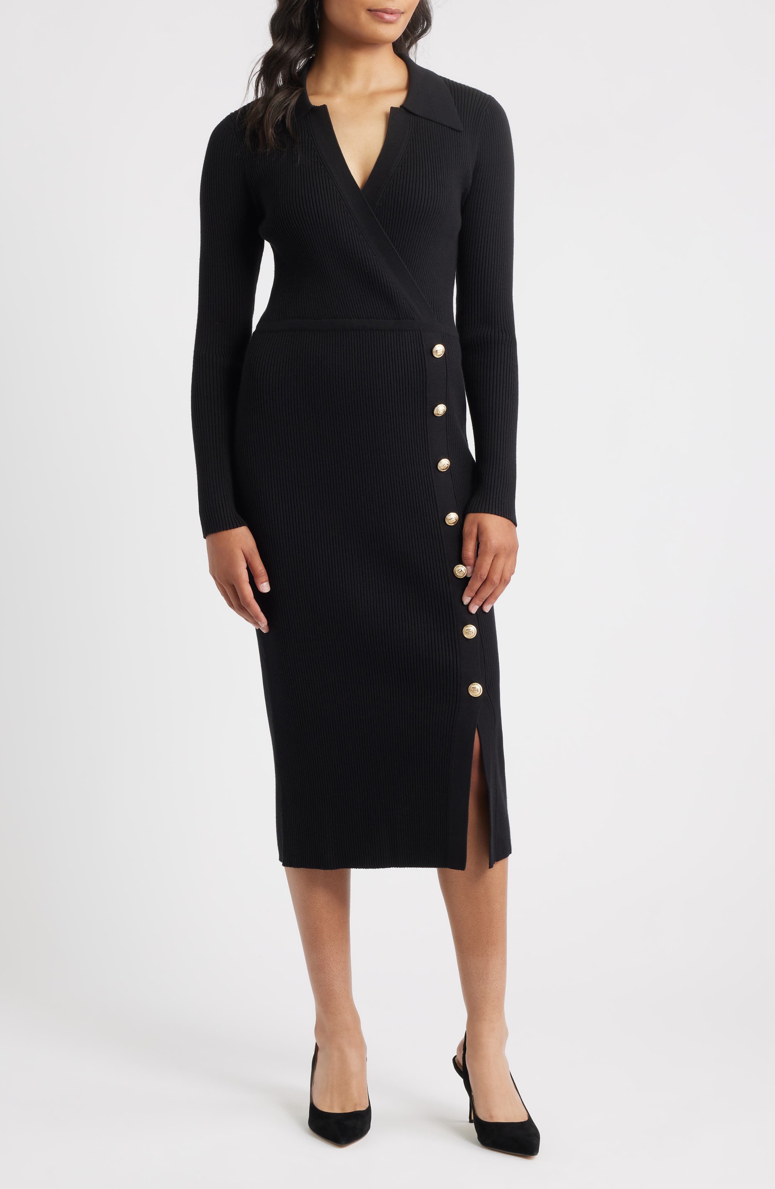 Elie Tahari The Polo Collar Chaya Button Detail Long Sleeve Rib Sweater ...