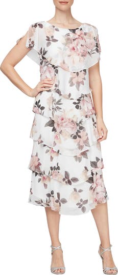 SL FASHIONS Floral Capelet Tiered Midi Dress | Nordstrom