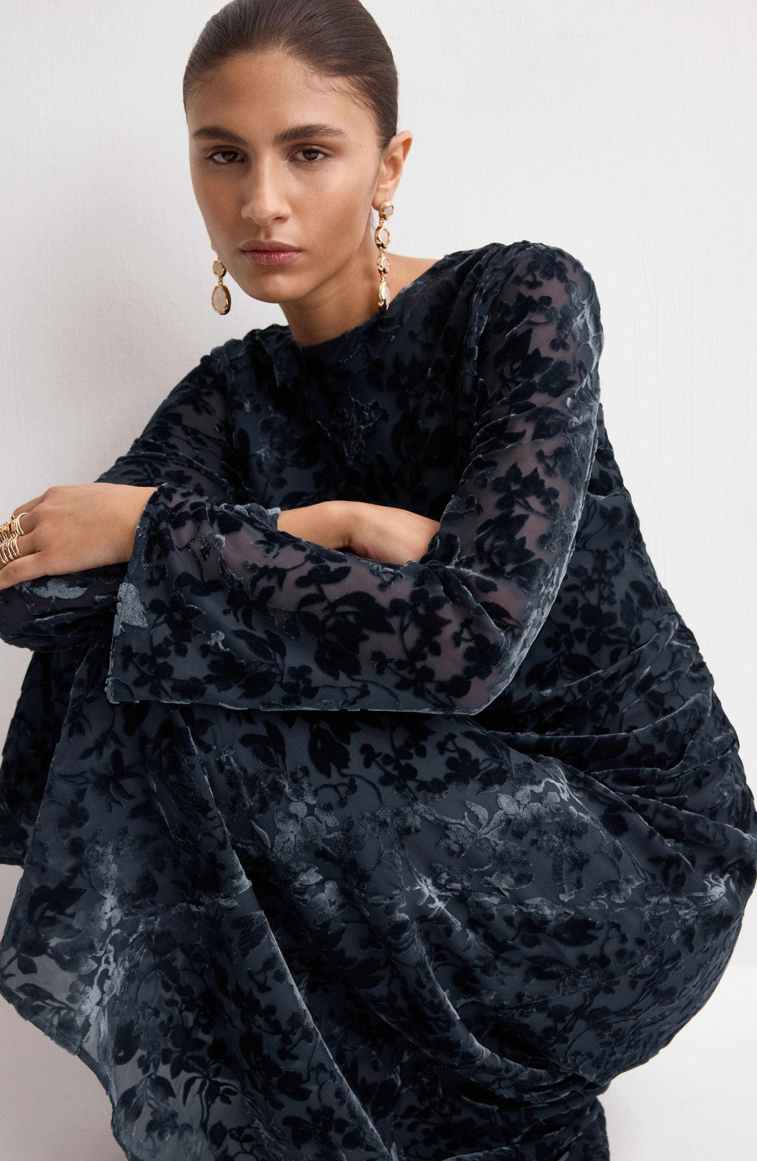 MANGO Devor Burnout Long Sleeve Maxi Dress | Nordstrom