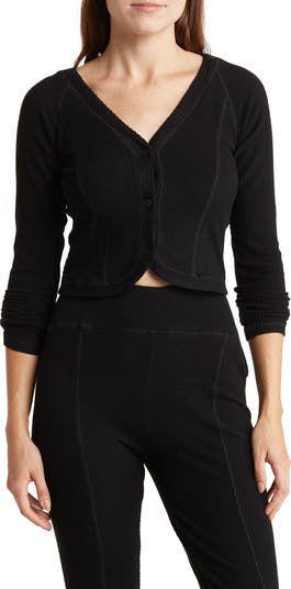AREA STARS Ribbed Button Front Long Sleeve Crop Top | Nordstromrack
