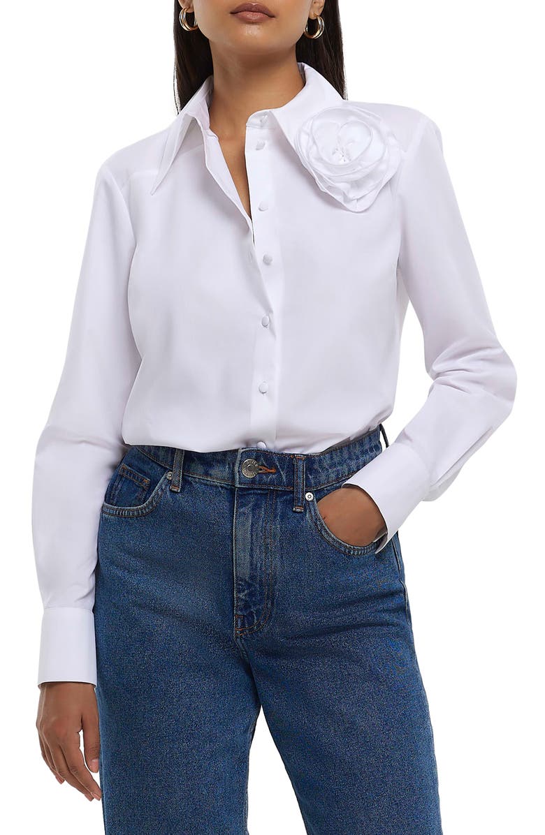 River Island Trim Fit Corsage Detail Poplin Button-Up Shirt | Nordstromrack