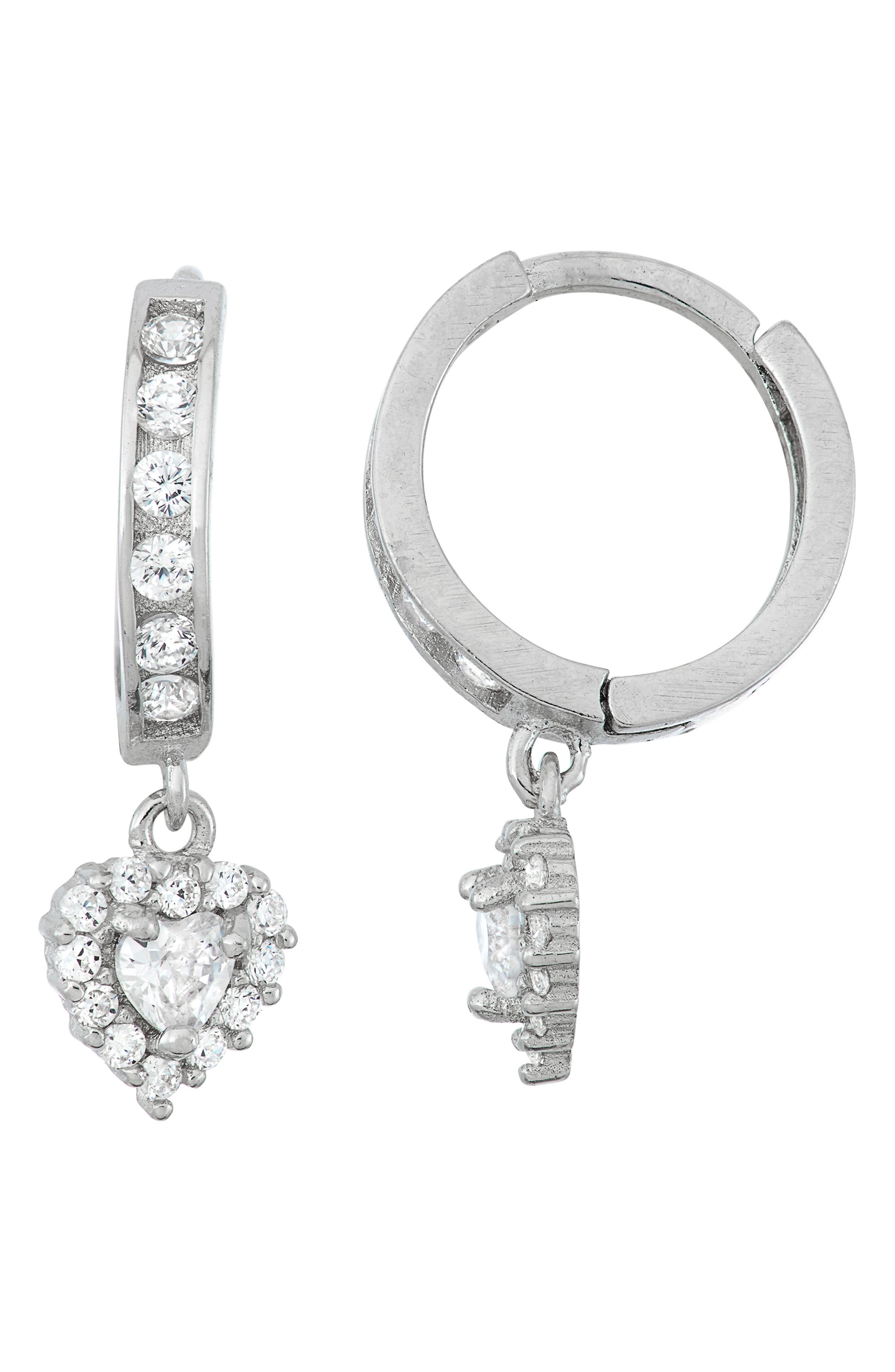 FZN Kids' Sterling Silver CZ Heart Drop Huggie Hoop Earrings ...