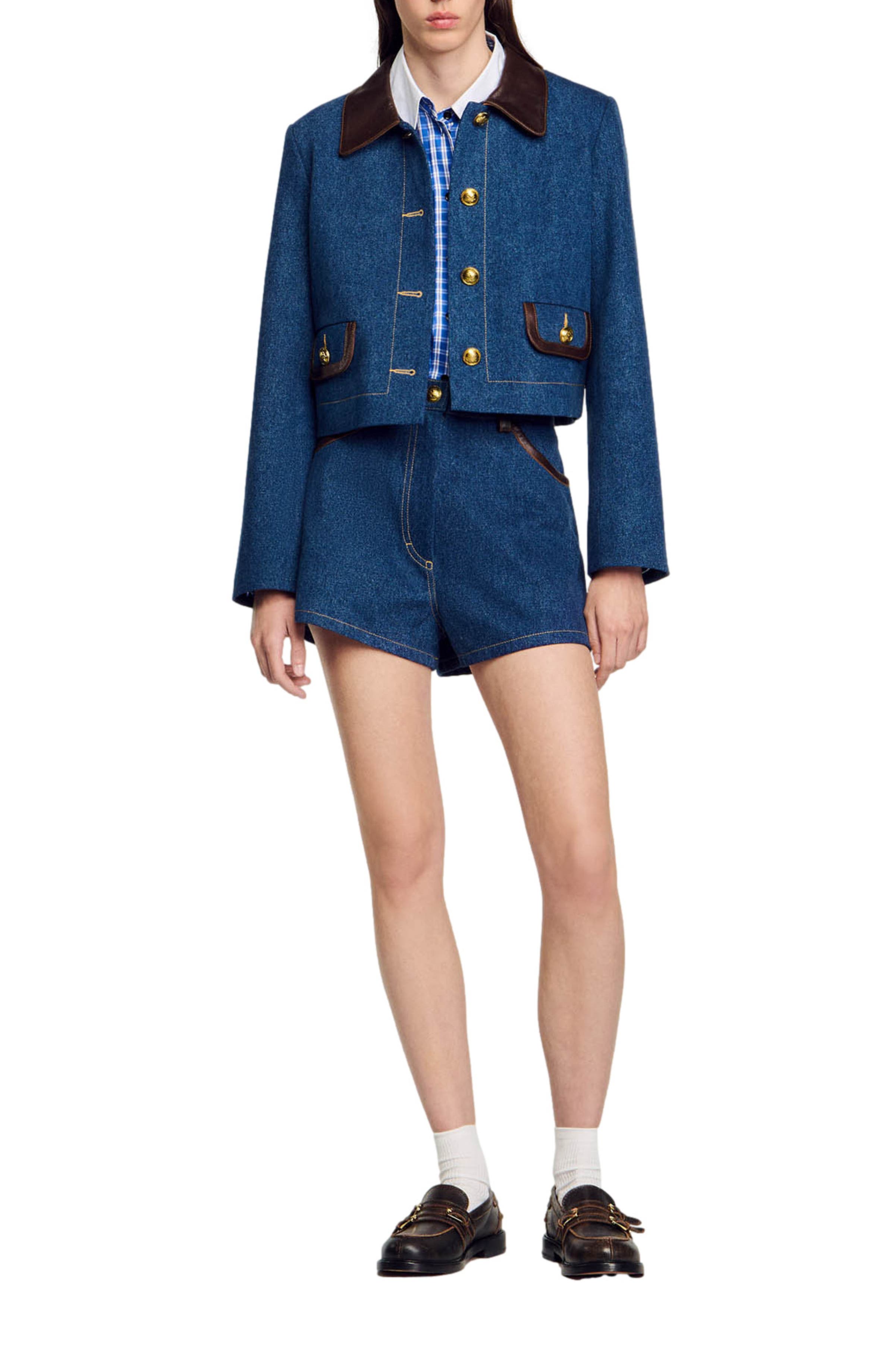 SANDRO Denim jacket with leather collar | Nordstrom