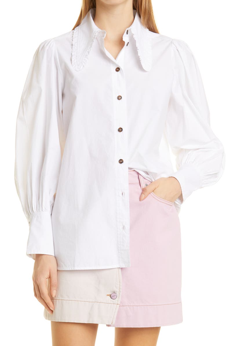 Ganni Frill Collar Puff Sleeve Organic Cotton Poplin Shirt | Nordstrom